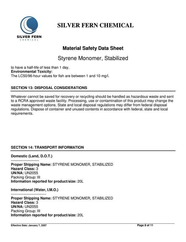 Material Safety Data Sheet Of Styrene Monomer