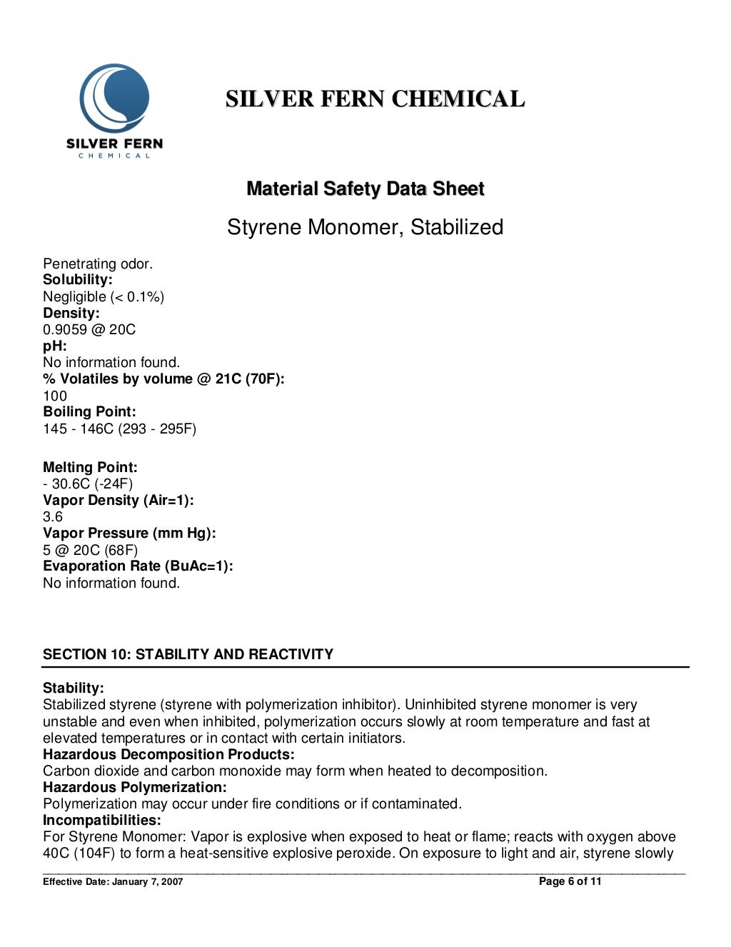 Material Safety Data Sheet Of Styrene Monomer