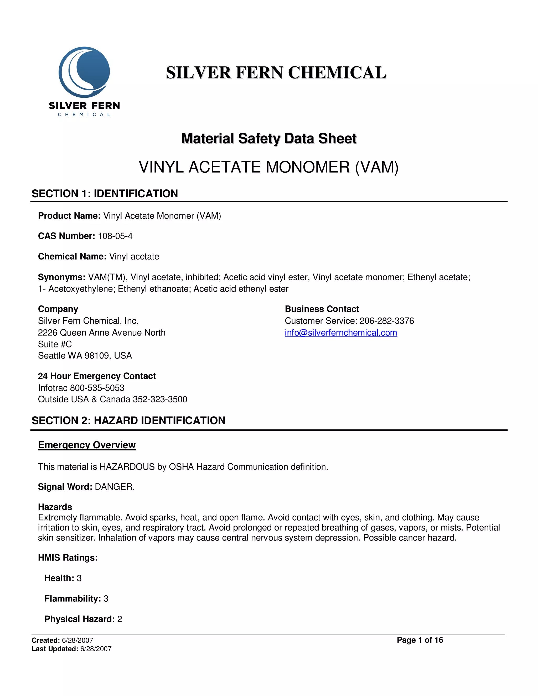 Material safety data sheet of vinyl acetate monomer | PDF