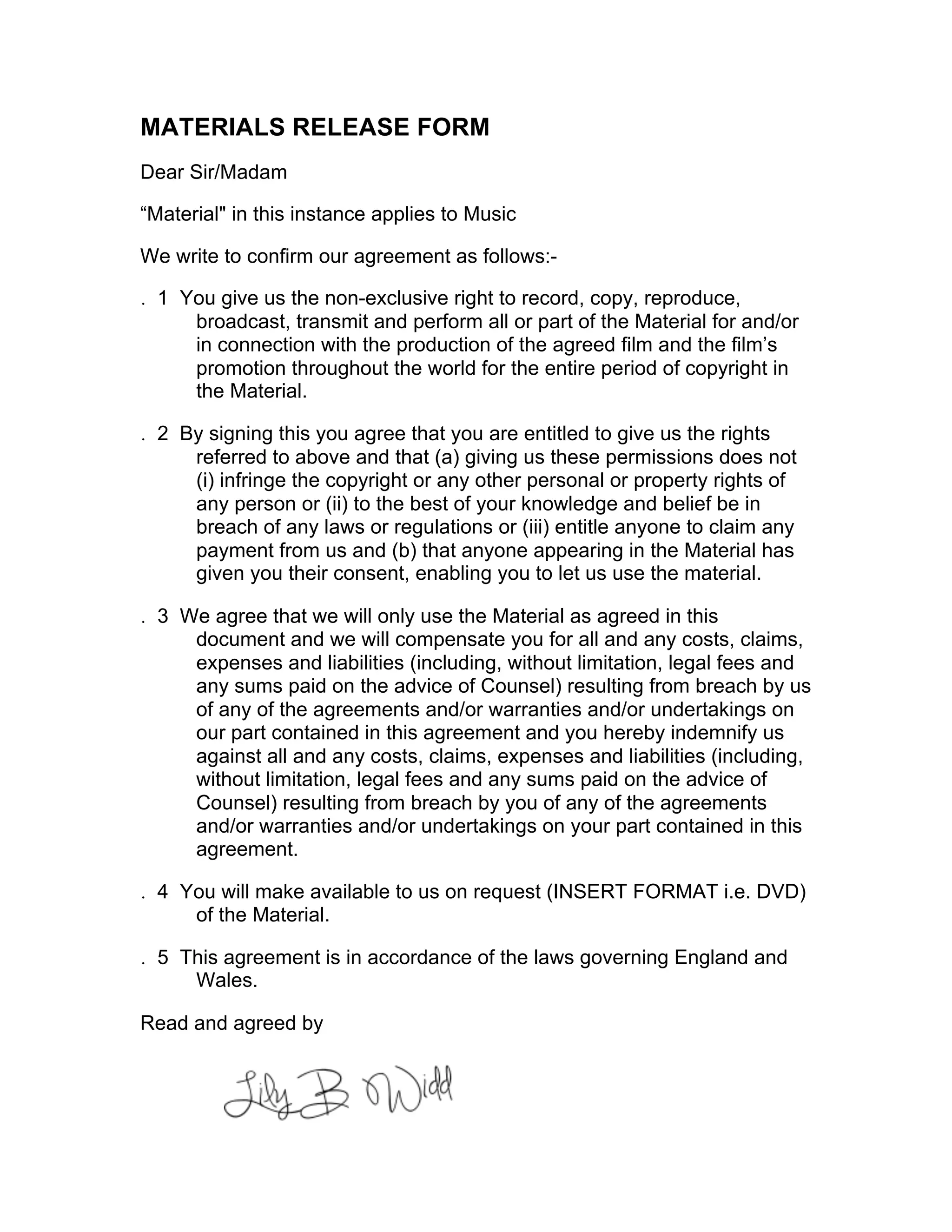 Materials release form (IT CAME FROM THE MIST) | PDF