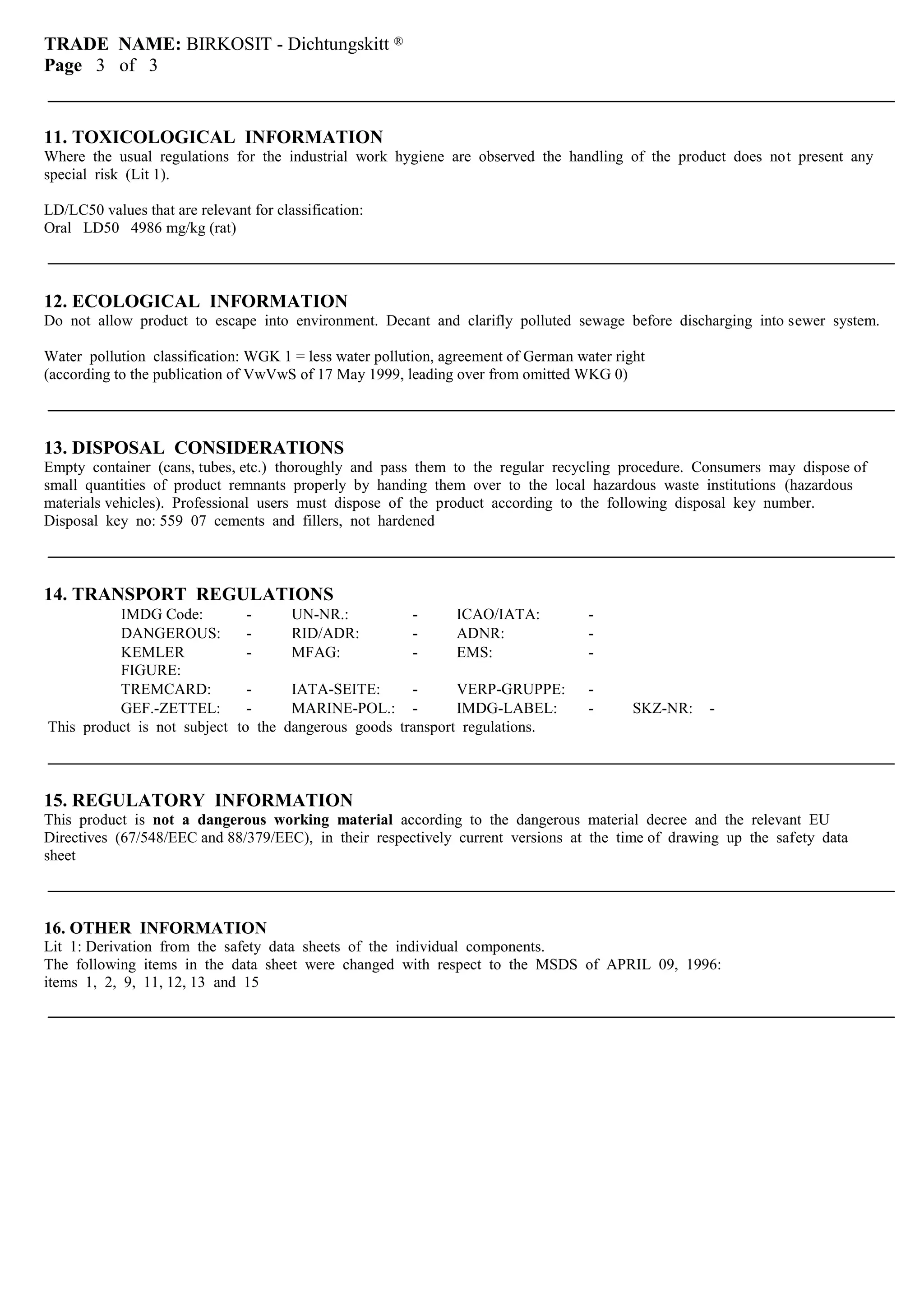 Materials Saftey Data Sheet B I R K O S I T | PDF