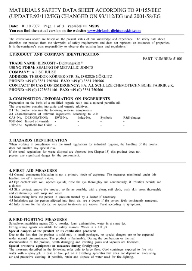 Materials Saftey Data Sheet B I R K O S I T | PDF
