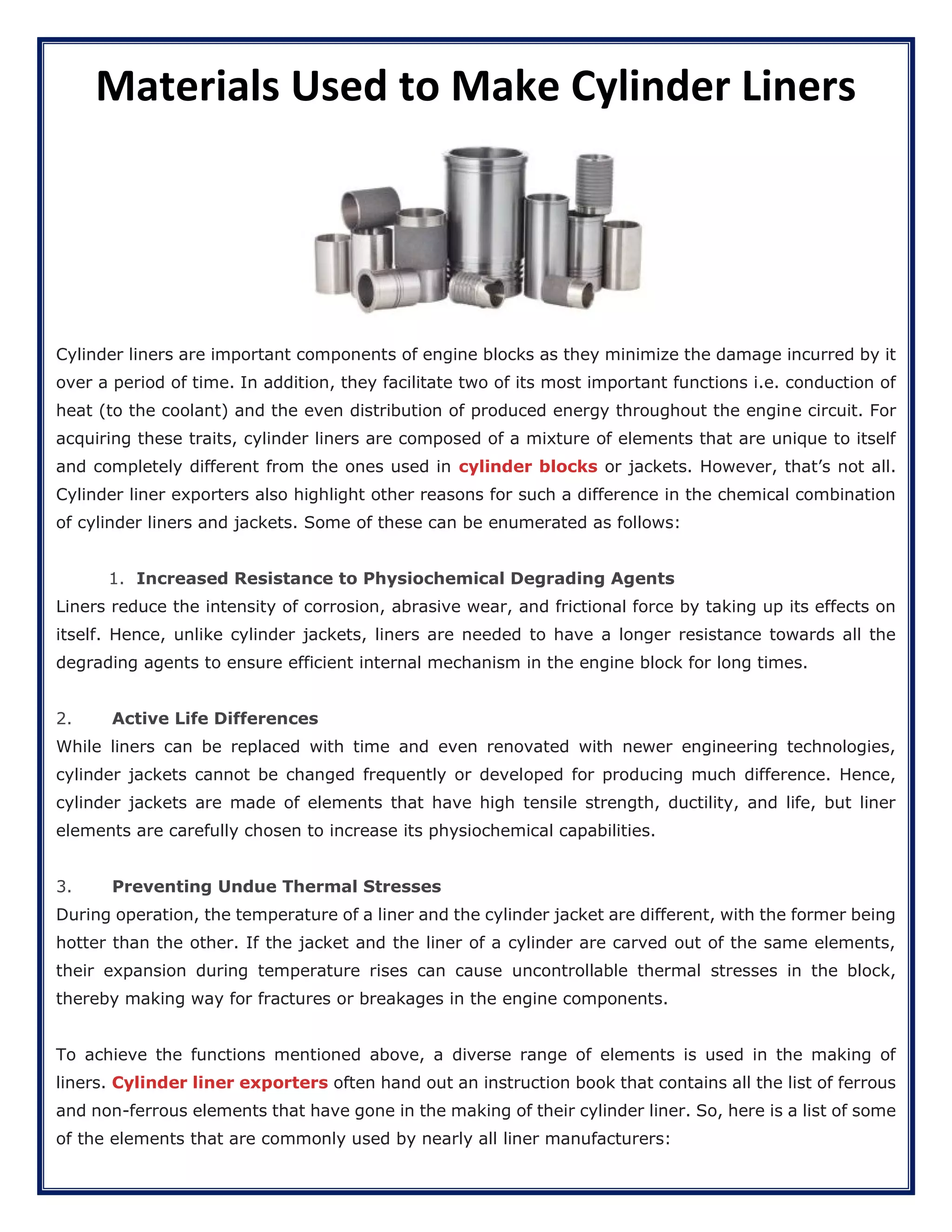 Materials used to make cylinder liners | PDF