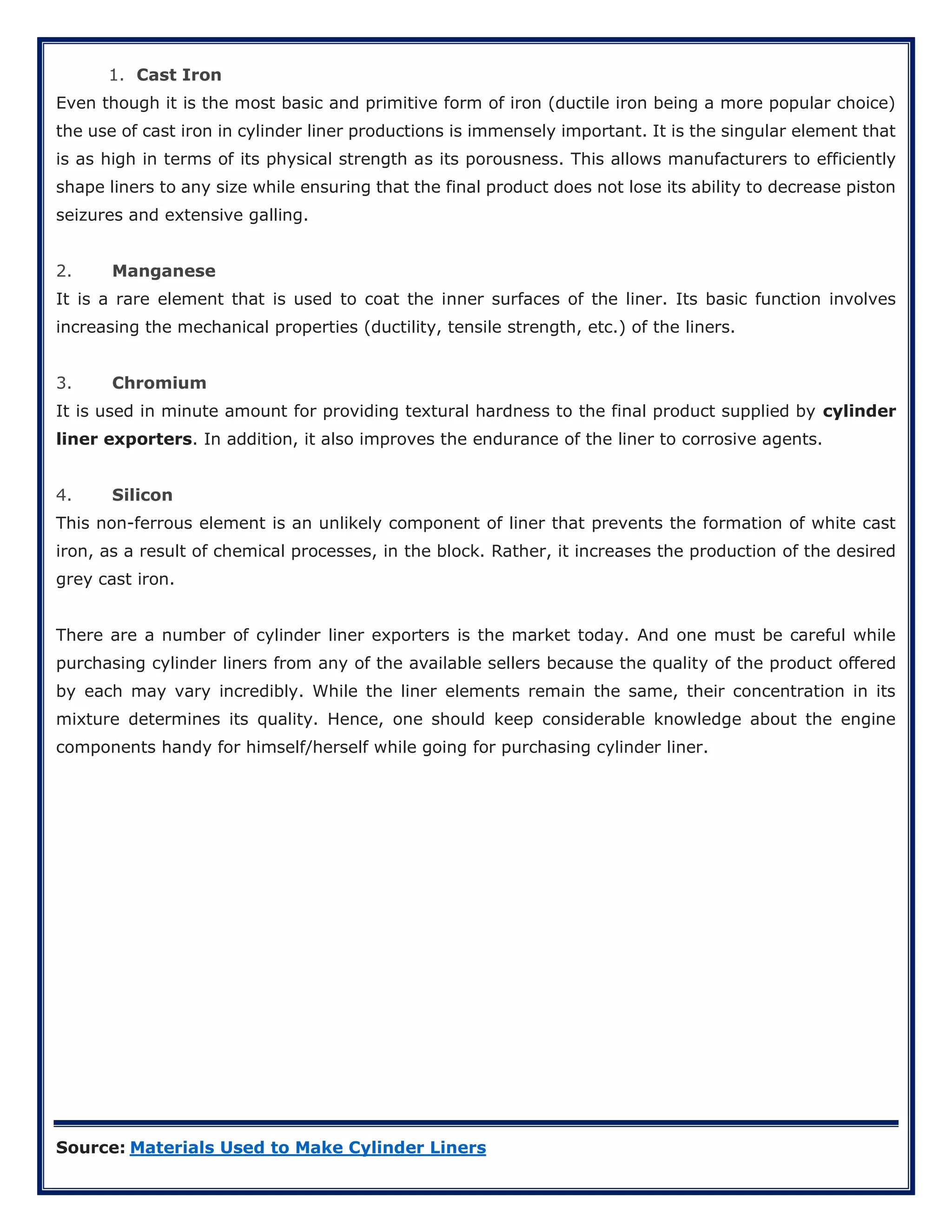 Materials used to make cylinder liners | PDF
