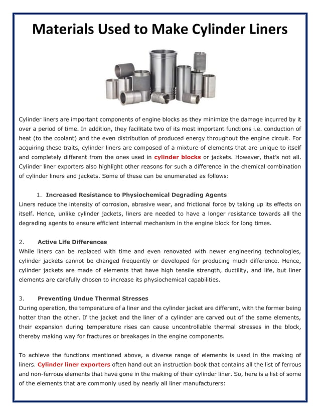 Materials used to make cylinder liners | PDF | Chemistry | Science