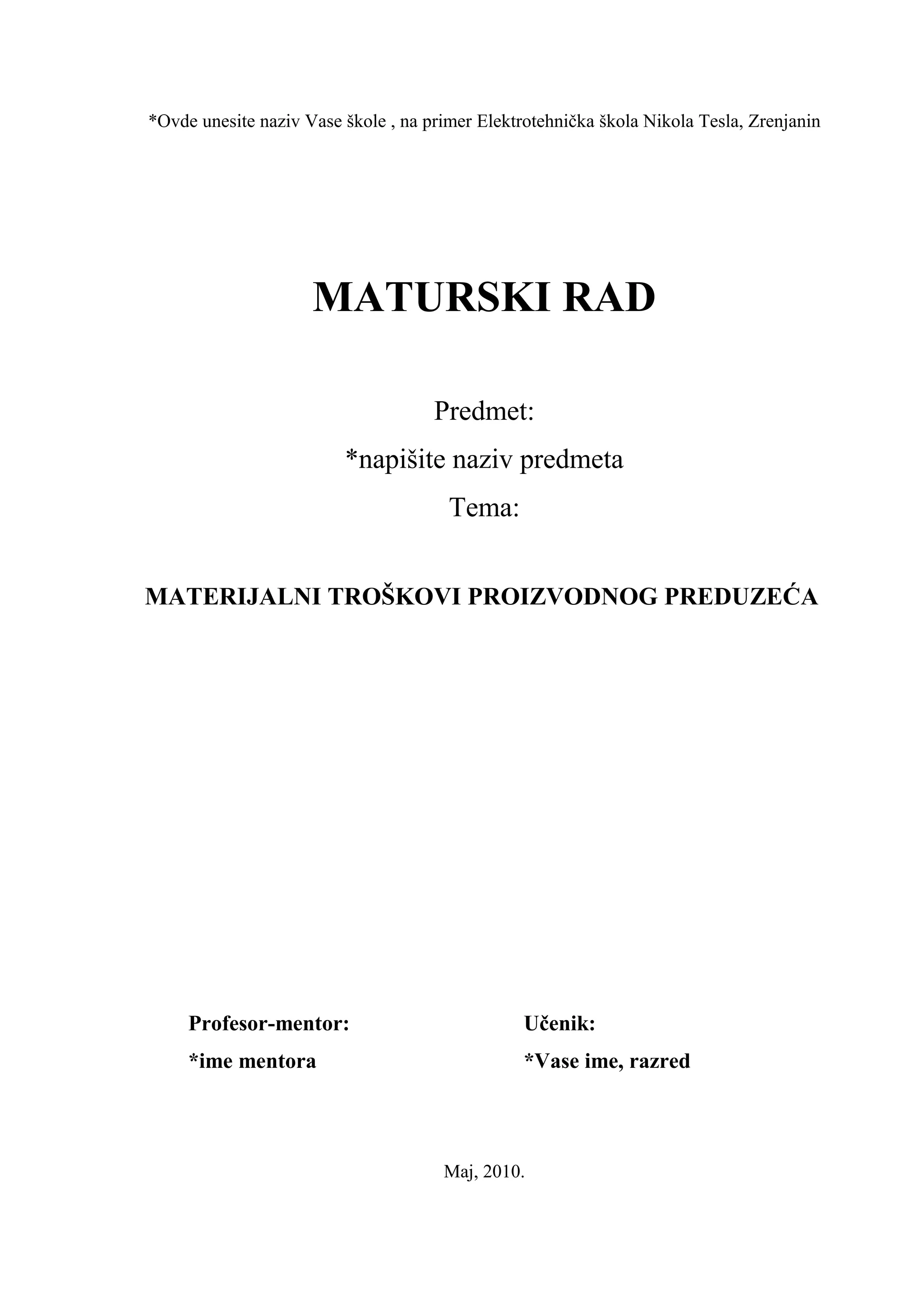 Materijalni troskovi proizvodnog preduzeca | DOC