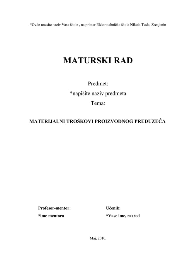 Materijalni troskovi proizvodnog preduzeca | DOC