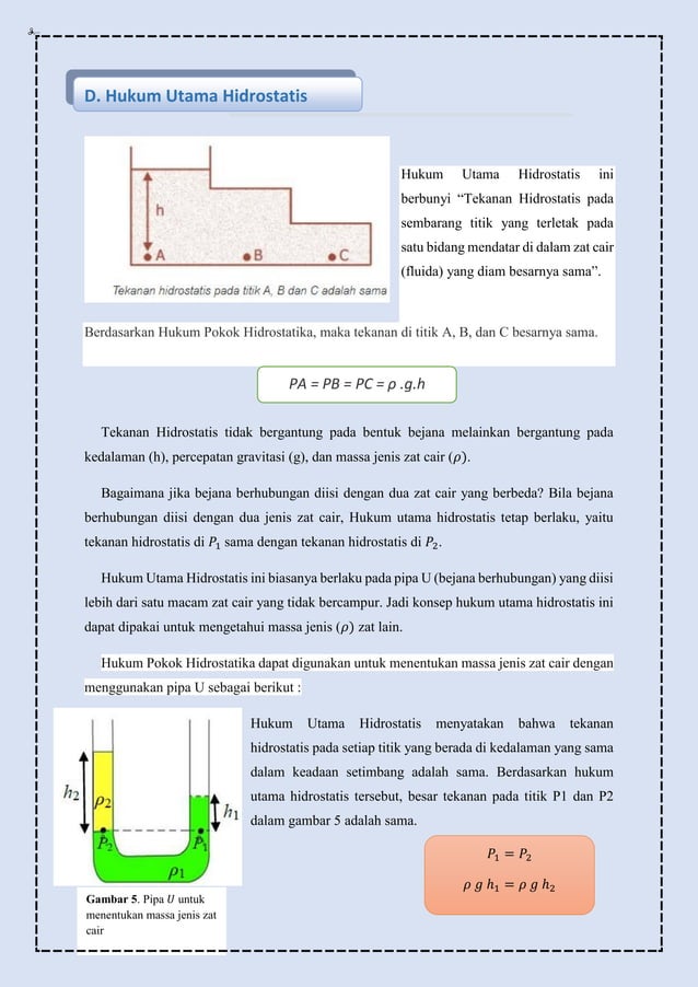 MATERI FLUIDA STATIS (TEKANAN HIDROSTATIS, HUKUM PASCAL, DAN HUKUM ARCHIMEDES) | PDF