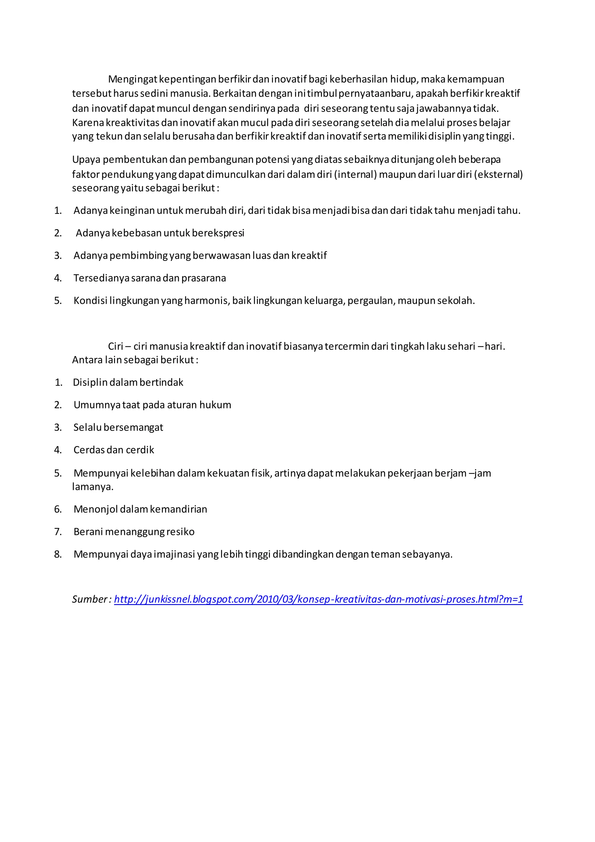 Materi kwu 1 minggu 4 (berfikir kreativitas dan inovasi ) | DOCX