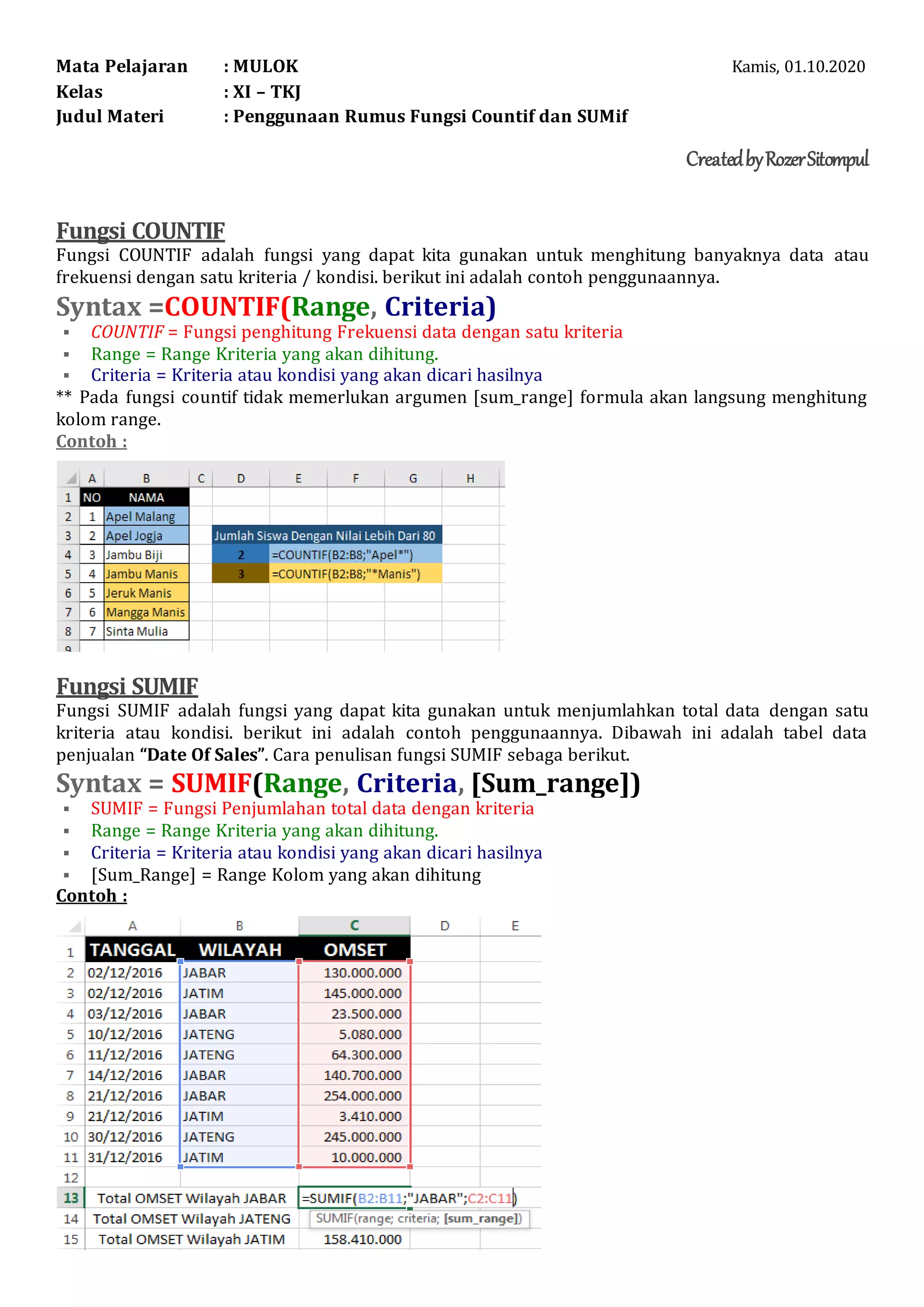 Materi mulok countif dan sumif | DOCX