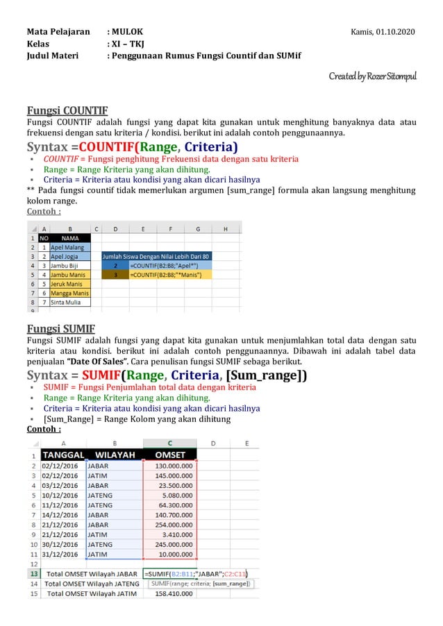 Materi mulok countif dan sumif | DOCX