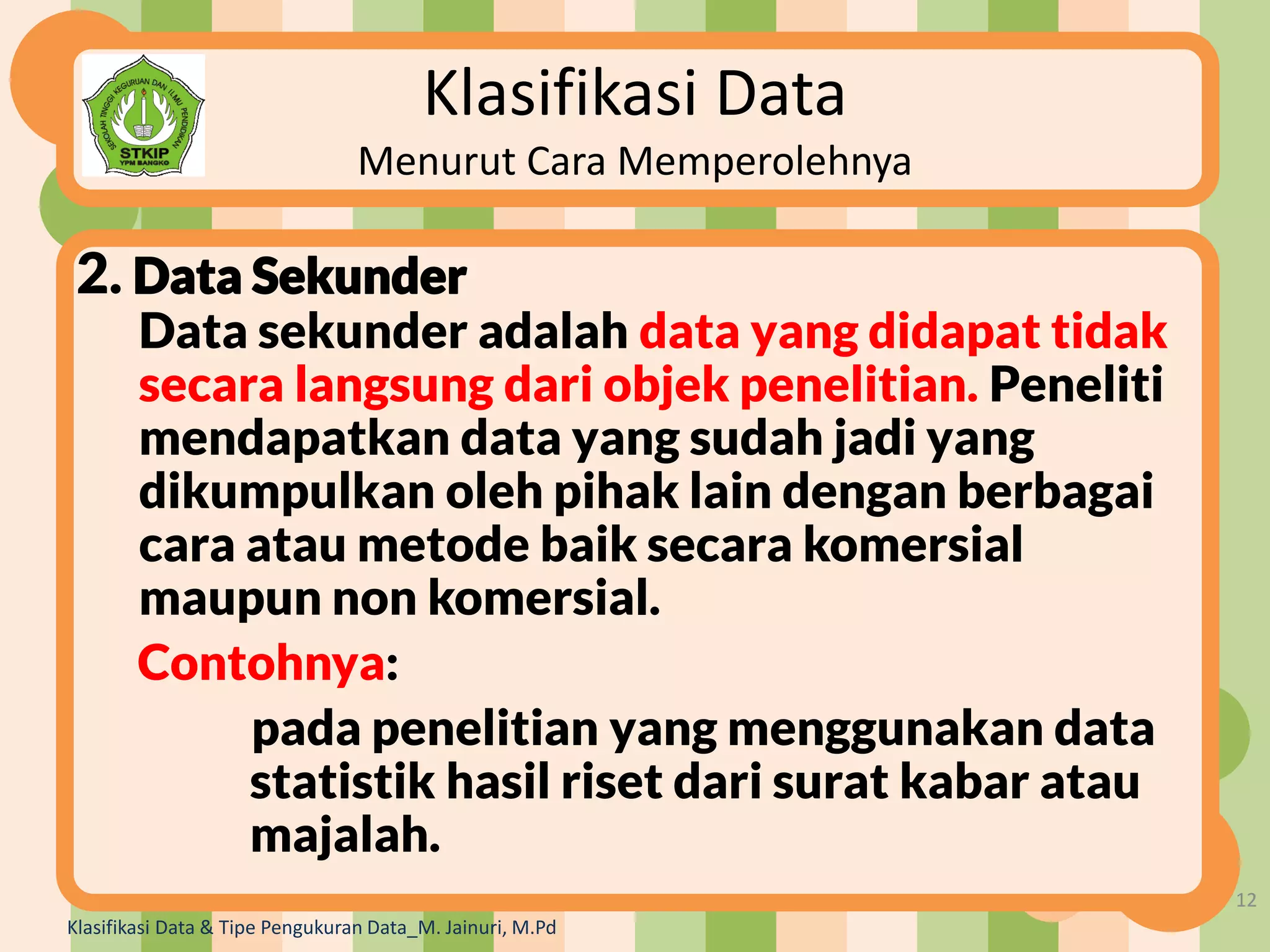 Klasifikasi Data dan Tipe/Skala Pengukuran Data | PDF