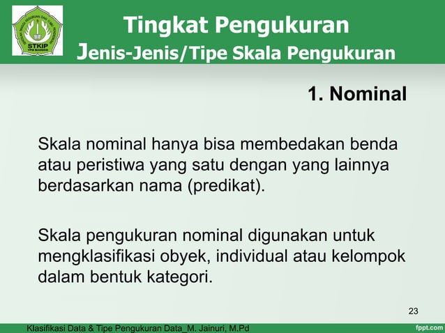 Klasifikasi Data dan Tipe/Skala Pengukuran Data | PDF