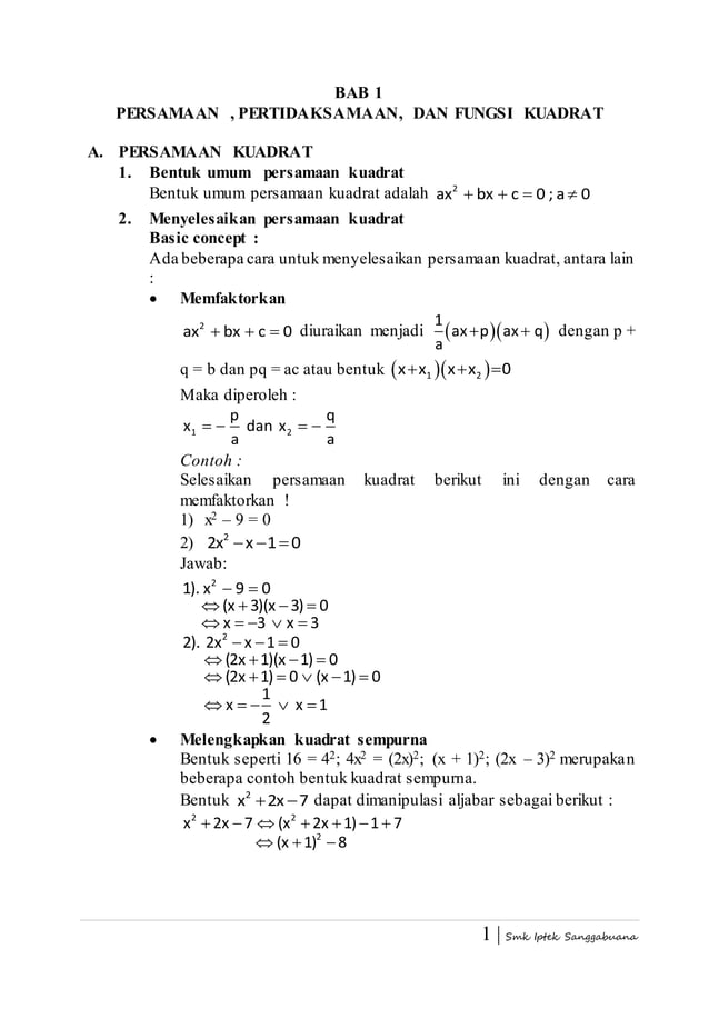 Persamaan Kuadrat dan Fungsi Kuadrat | PDF