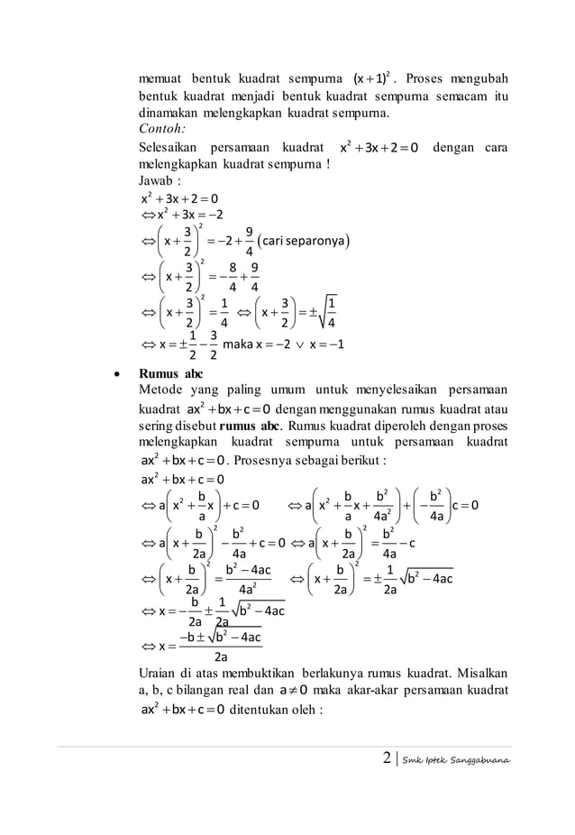 Persamaan Kuadrat dan Fungsi Kuadrat | PDF