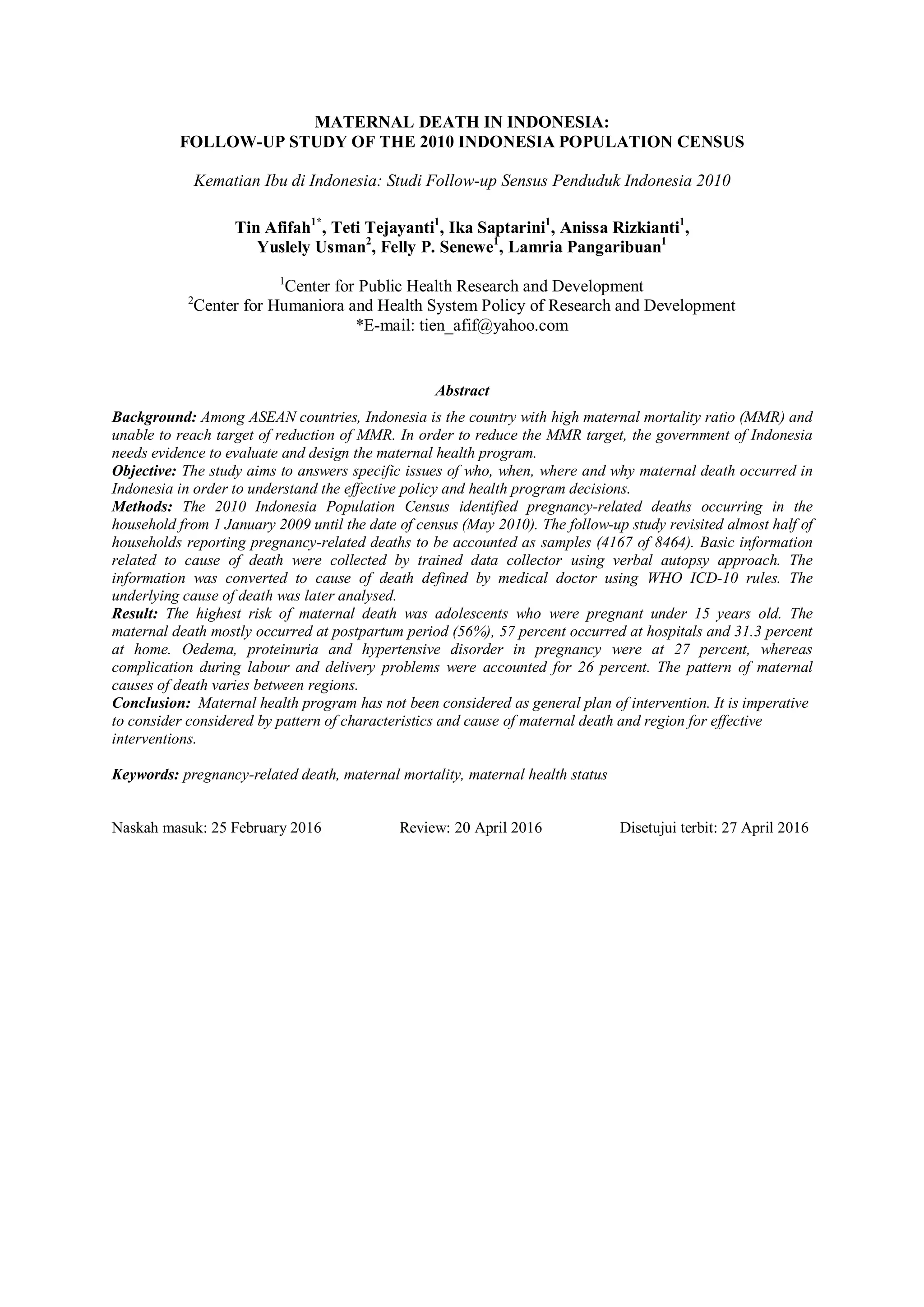 Maternal death in indonesia 2010 | PDF