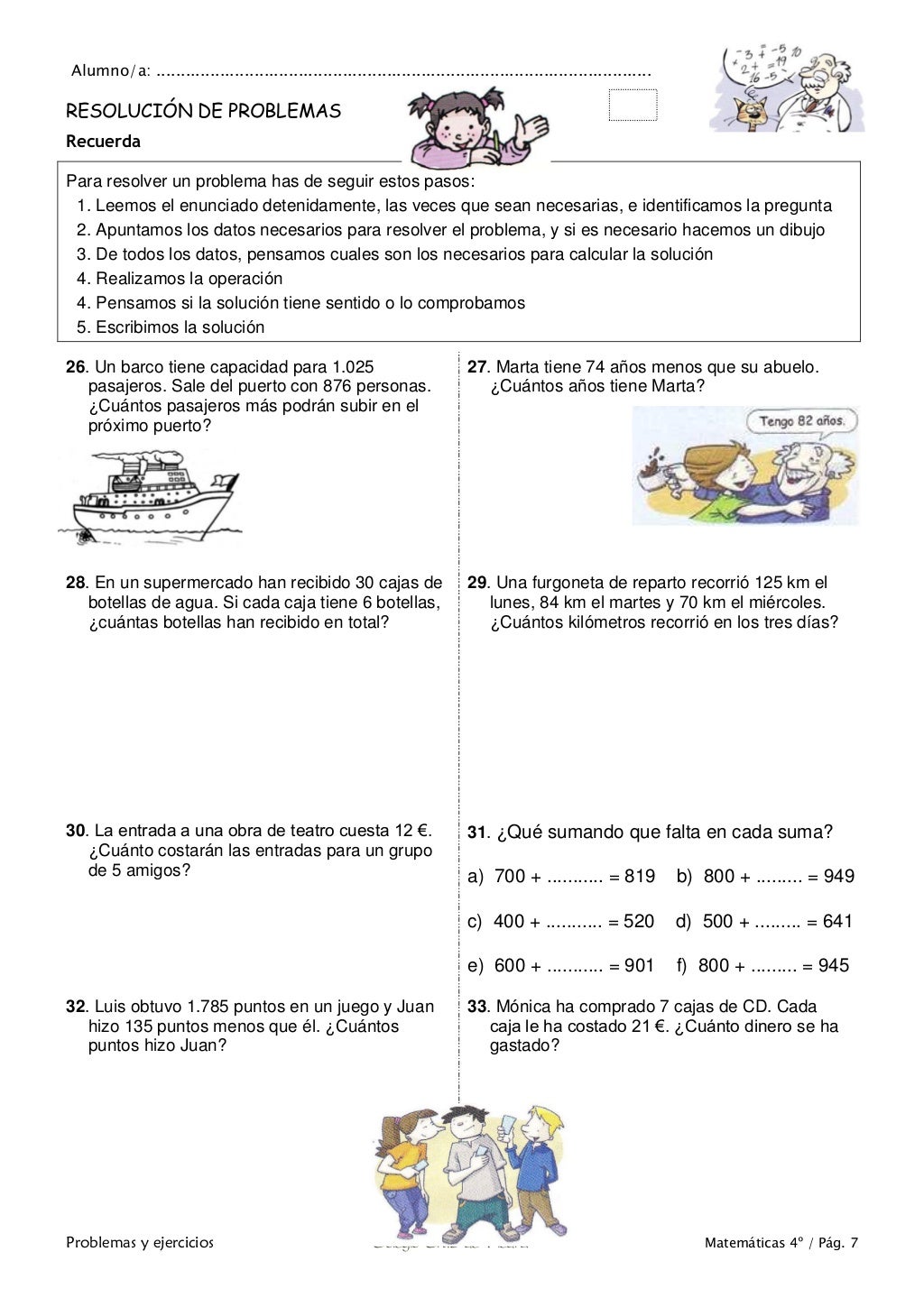 Matemáticas de 4º de Primaria. Problemas y ejercicios.