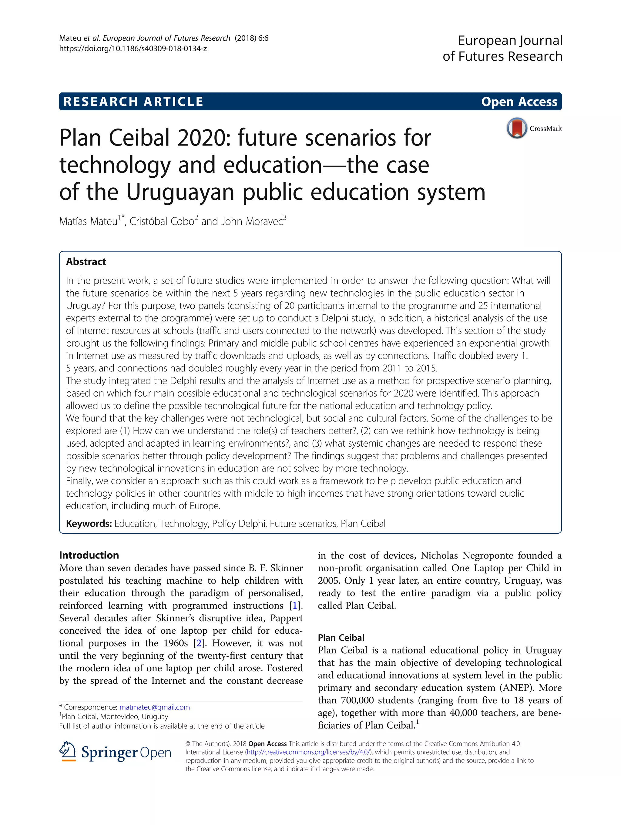 Plan Ceibal 2020: future scenarios for technology and education—the case of the Uruguay an ...