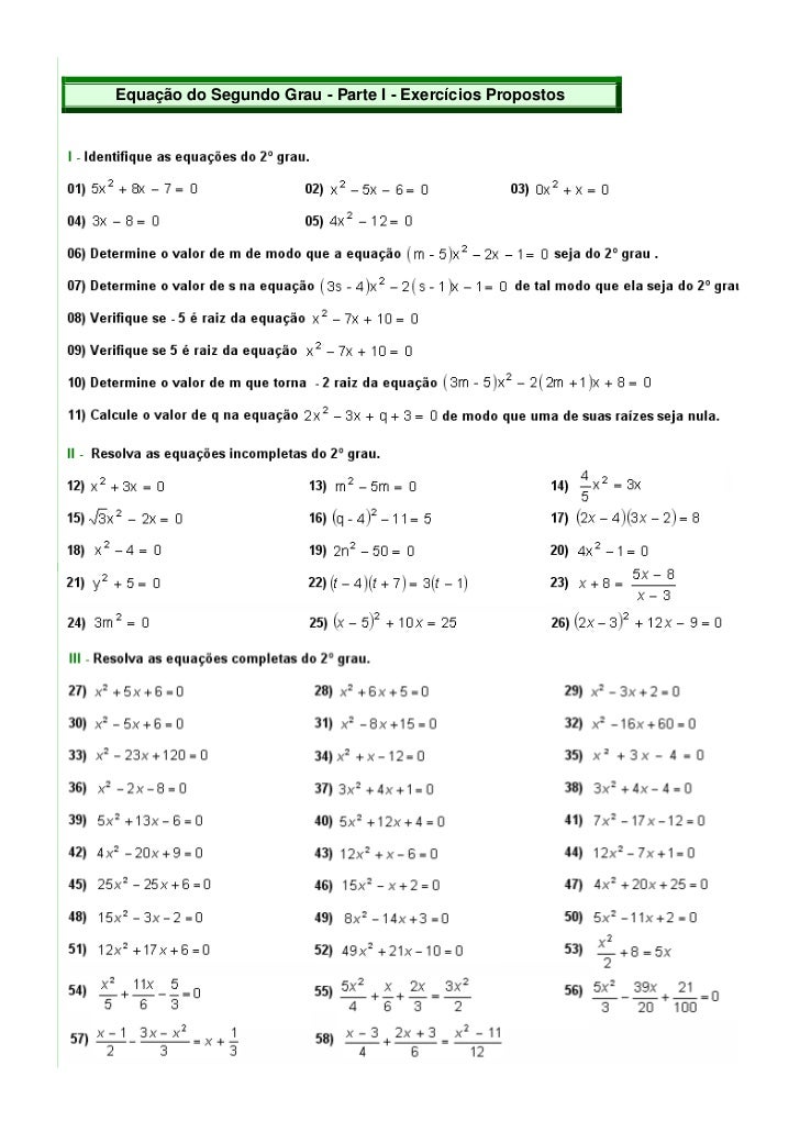 Mat Exercicios Equacao Do Segundo Grau Parte I