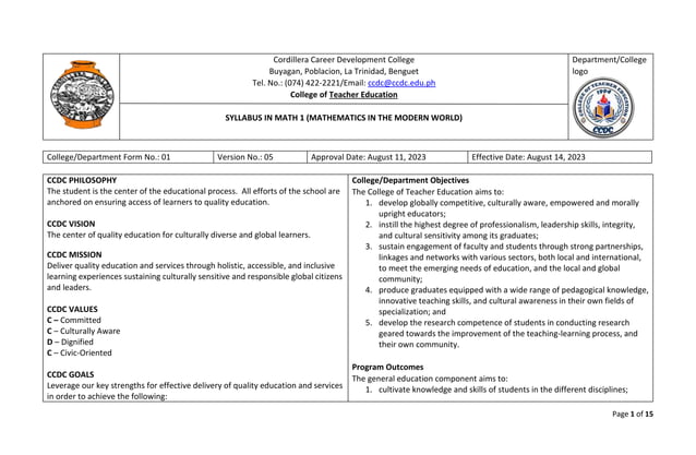 MATH-1-SYLLABUS MATH IN THE MODERN WORLD.docx | College Education ...
