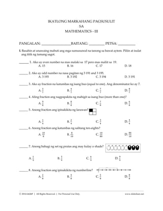 K to 12 Grade 3 MATHEMATICS Ikatlong Markahang Pagsusulit | PDF