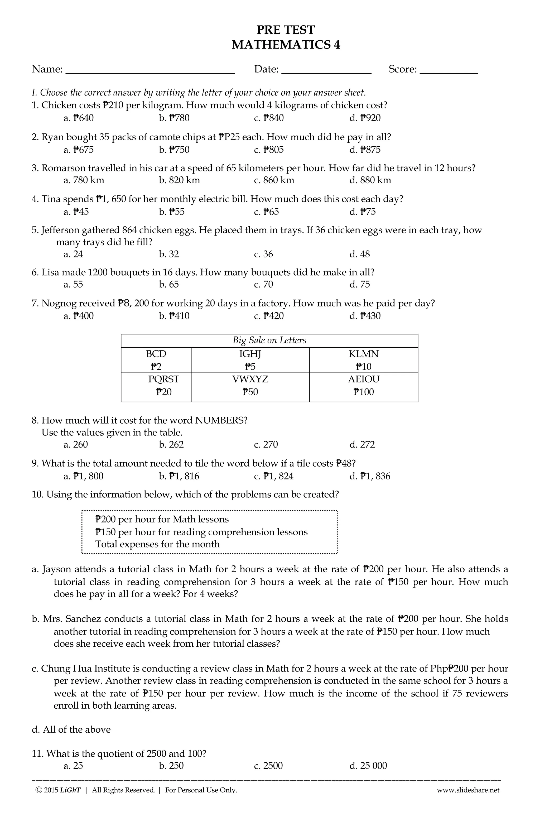 K TO 12 GRADE 4 DIAGNOSTIC / PRE TEST IN MATHEMATICS | PDF
