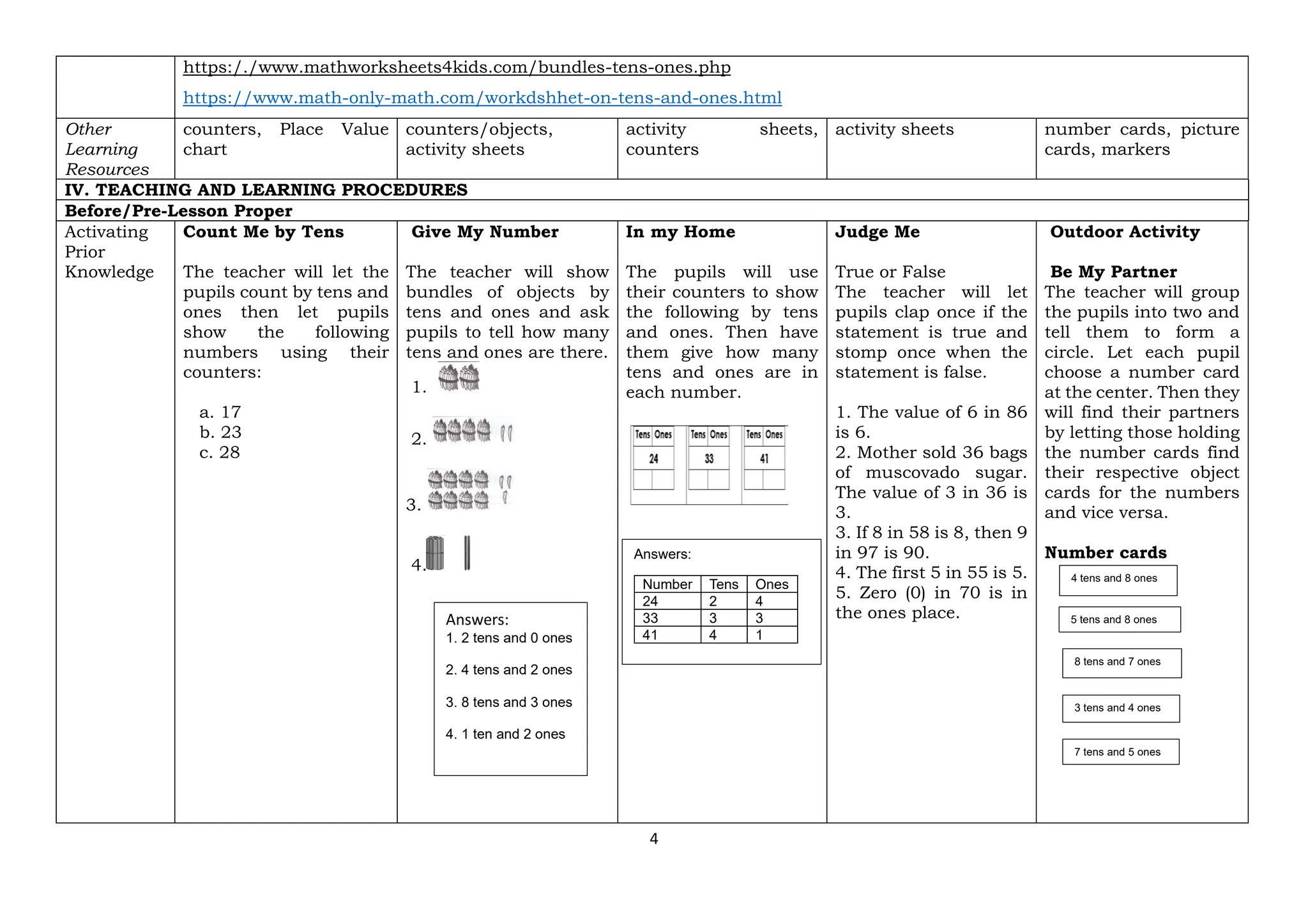 Math 1 Exemplar in Grade 1 Mathematics 1 | PDF