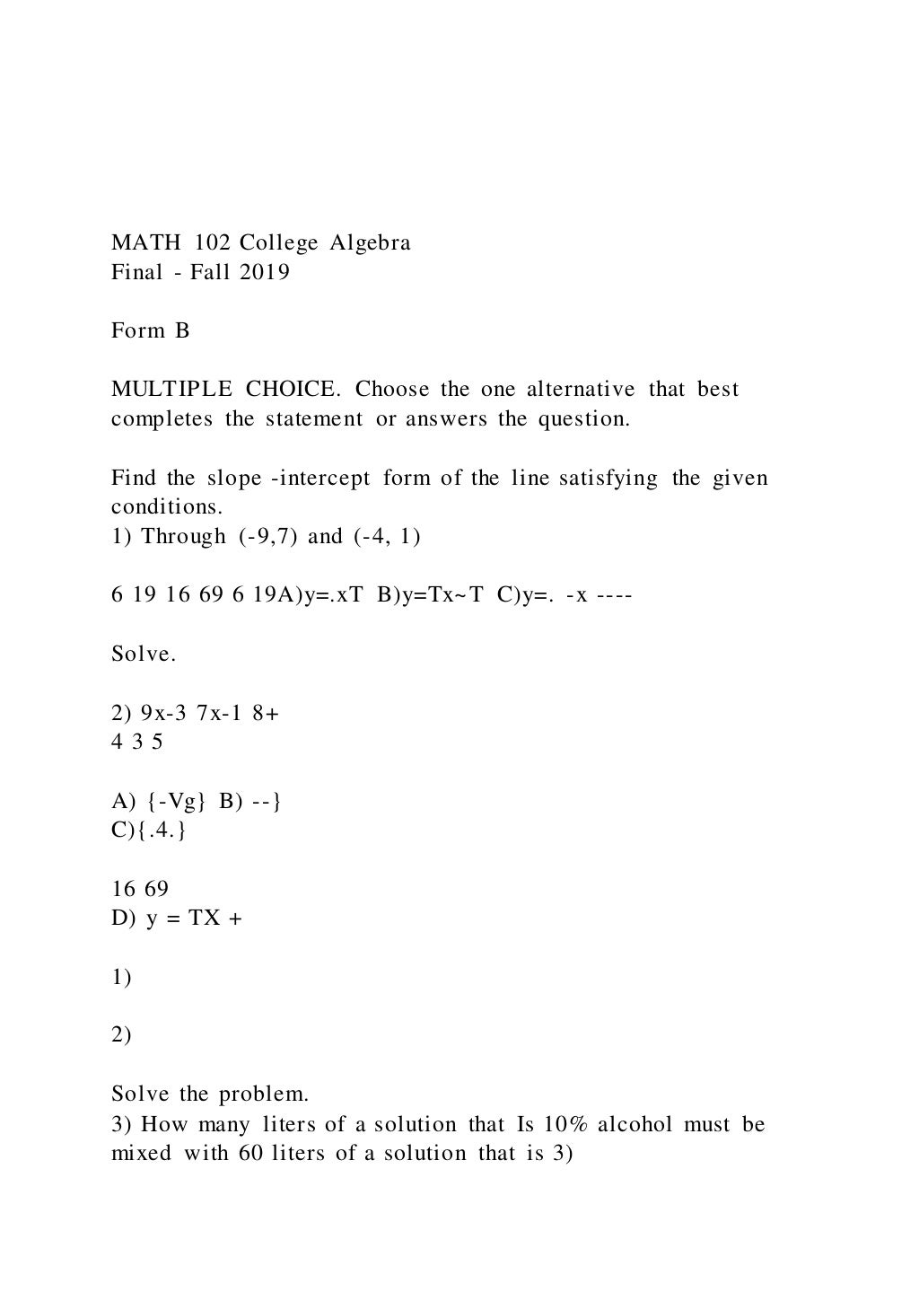 Math 102 College Algebrafinal Fall 2019form Bmulti Pdf 