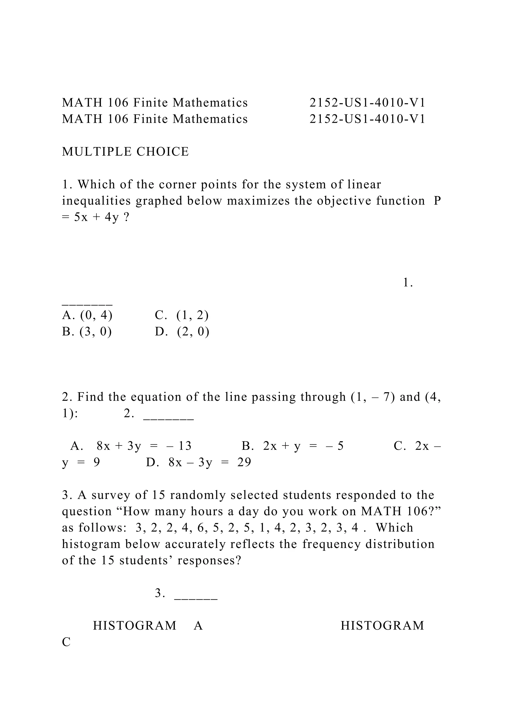 MATH 106 Finite Mathematics 2152-US1-4010-V1 MATH 106 Finite .docx