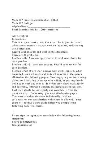 Math 107 Final ExaminationFall, 20142Math 107 College Algebra.docx