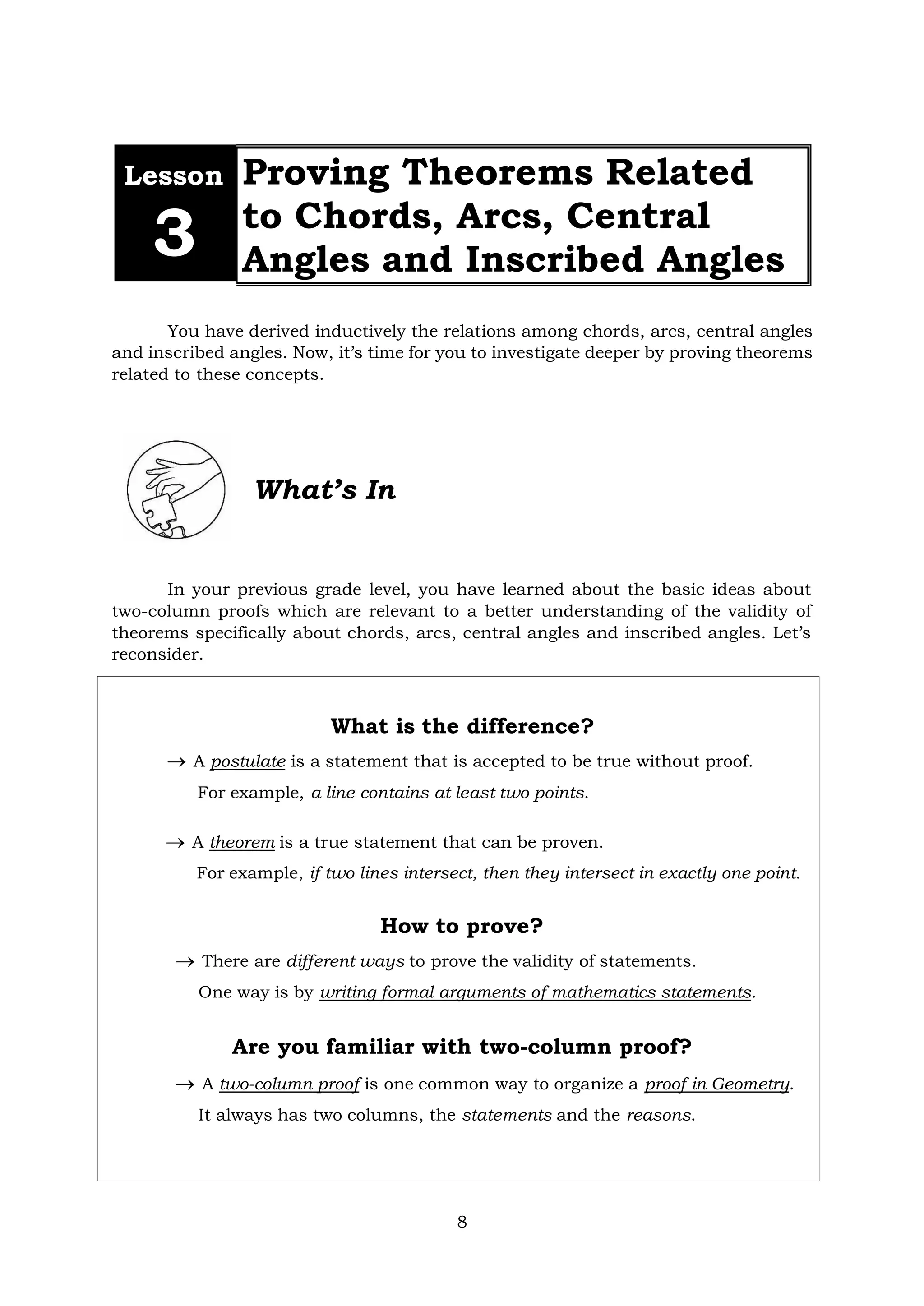 Math10 Q2 Mod3of8 Theorems On Chords Arcs Central Angles And Inscribed Angles V2 1 Pdf