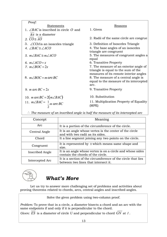 Math10 q2 mod3of8_theorems on chords, arcs, central angles and inscribed angles_v2 (1) | PDF