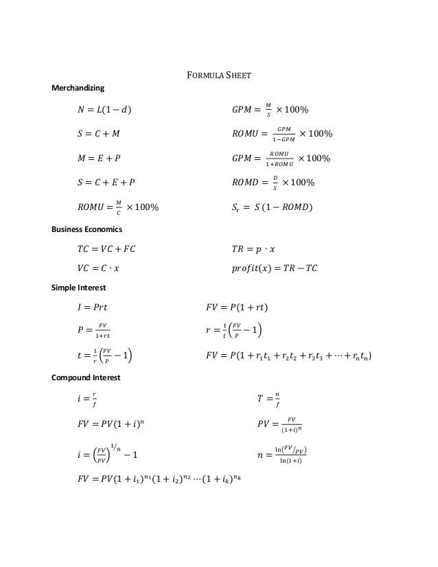 Math 114 Formulas Of Whole Session For Okanagan College Students Math 114 Formulas Of Whole Session For Okanagan College Students