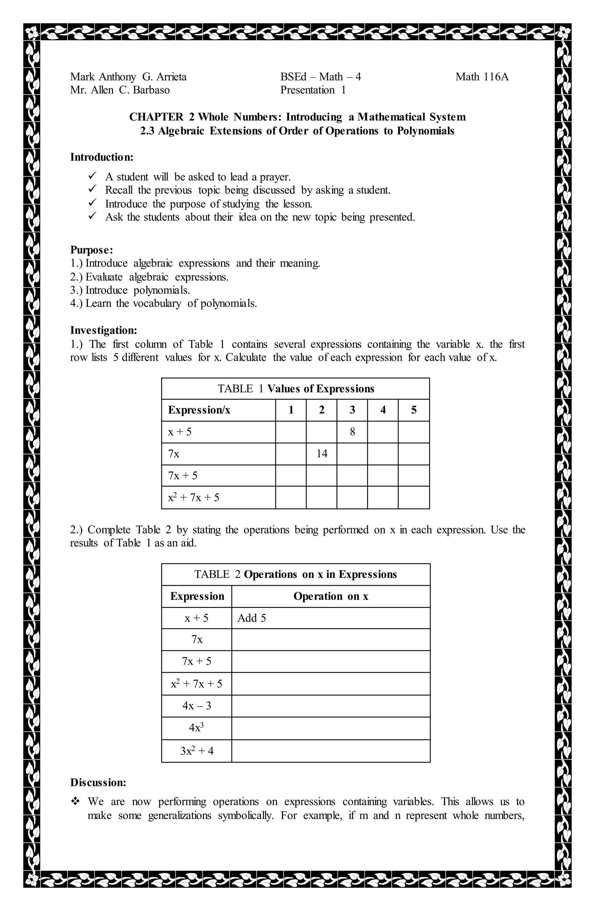 Math 116 pres. 1 | DOCX | Physics | Science