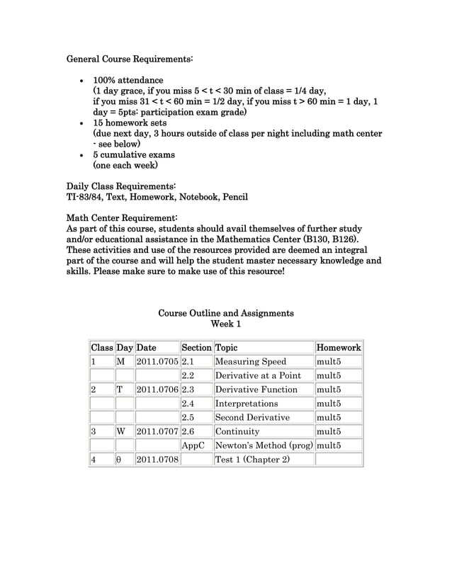 NCC Math 122 Summer Session II Syllabus 2011 | PDF