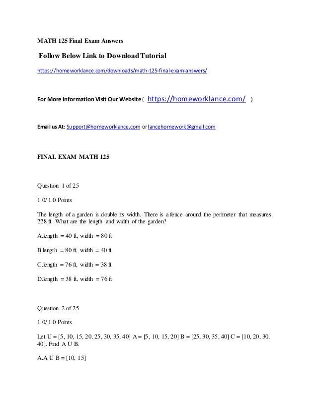 Math 125 Final Exam Answers Math 125 Final Exam Answers