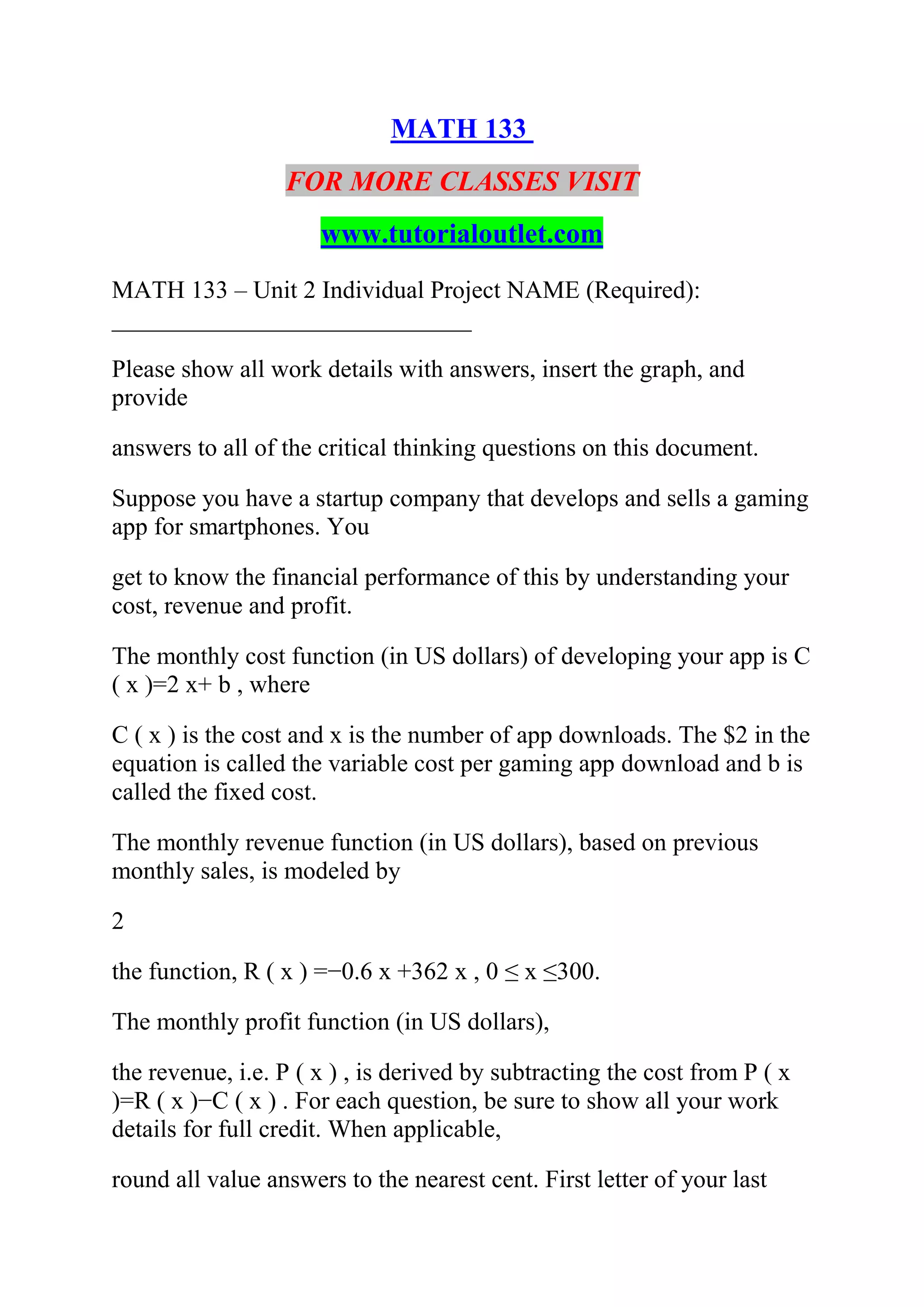 MATH 133 / TUTORIALOUTLET DOT COM | PDF