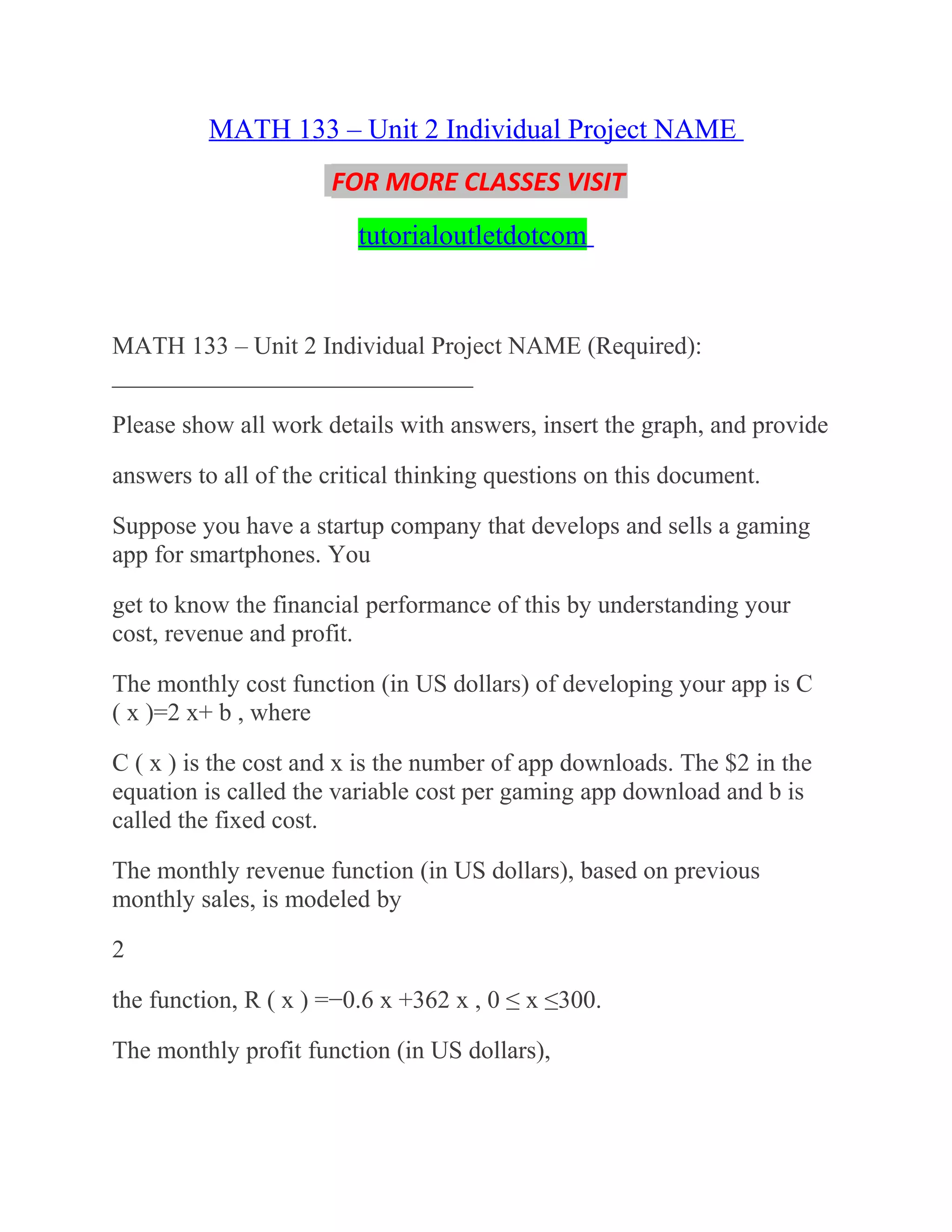 Math 133 – unit 2 individual project name/tutorialoutlet | PDF