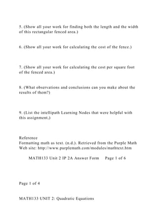 MATH133 UNIT 2 Quadratic EquationsIndividual Project Assignment.docx