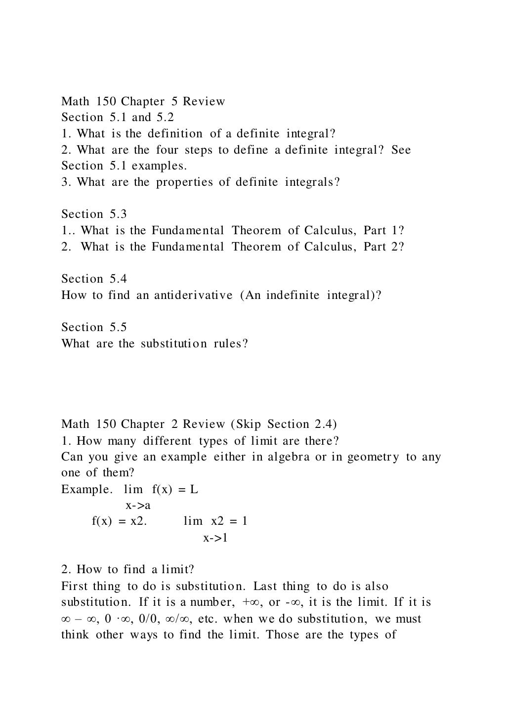 Math 150 Chapter 5 Review Section 5.1 and 5.21. What is the de | PDF