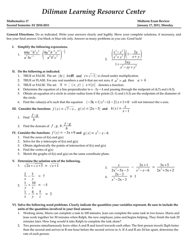 Math 17 midterm exam review jamie | PDF
