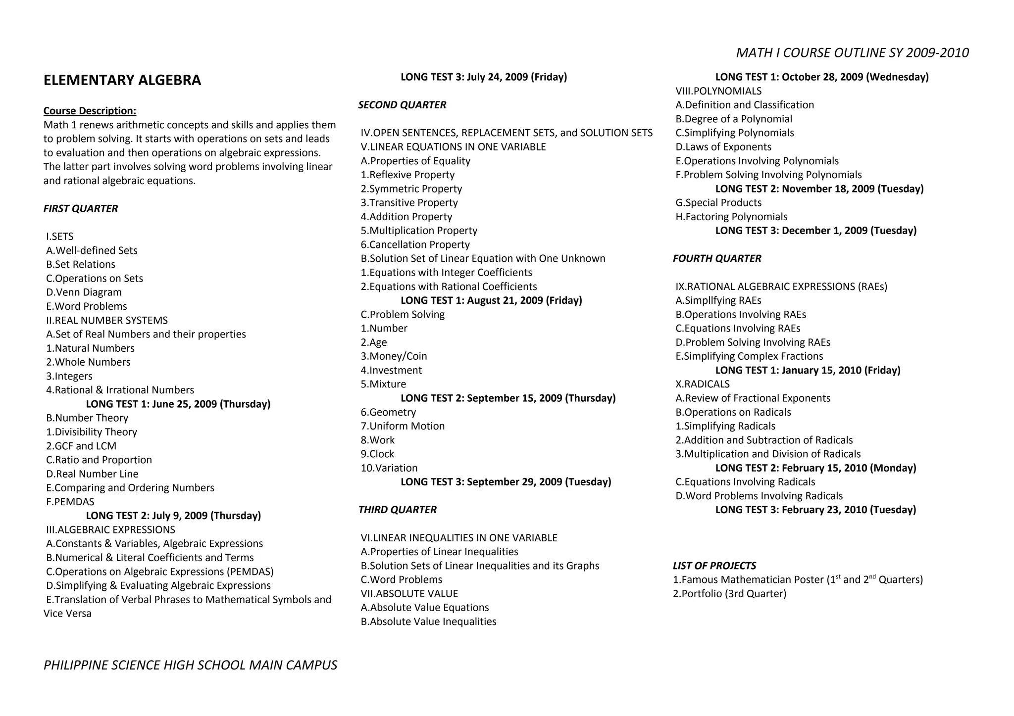 Math 1 Course Outline 2009-2010 | ODT