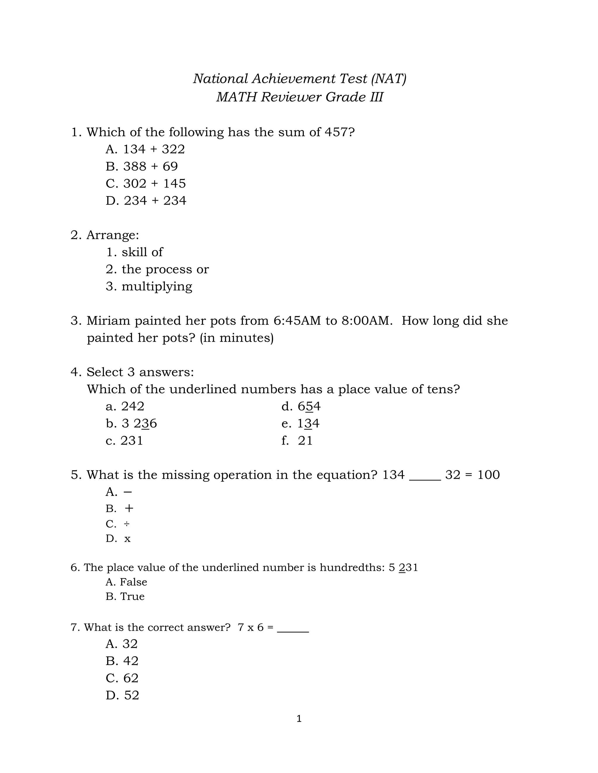 K to 12 Grade 3 MATHEMATICS NAT (National Achievement Test) | PDF