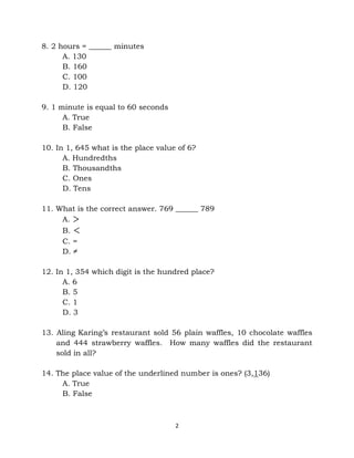 K to 12 Grade 3 MATHEMATICS NAT (National Achievement Test) | PDF