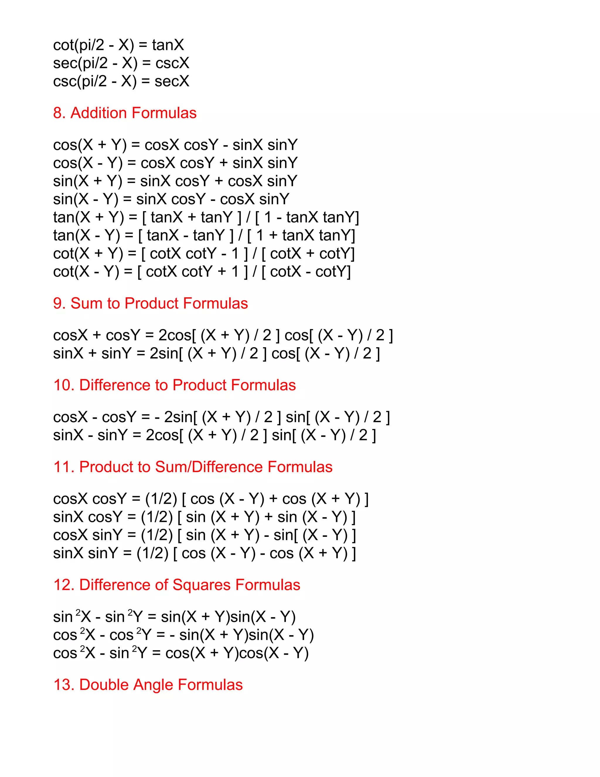 Math34 Trigonometric Formulas | DOC | Physics | Science