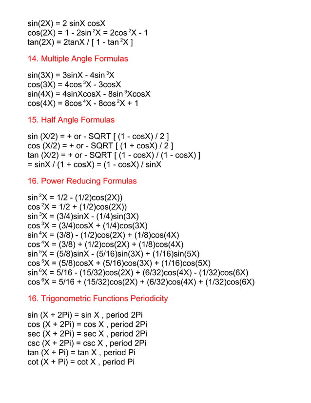 Math34 Trigonometric Formulas | DOC | Physics | Science