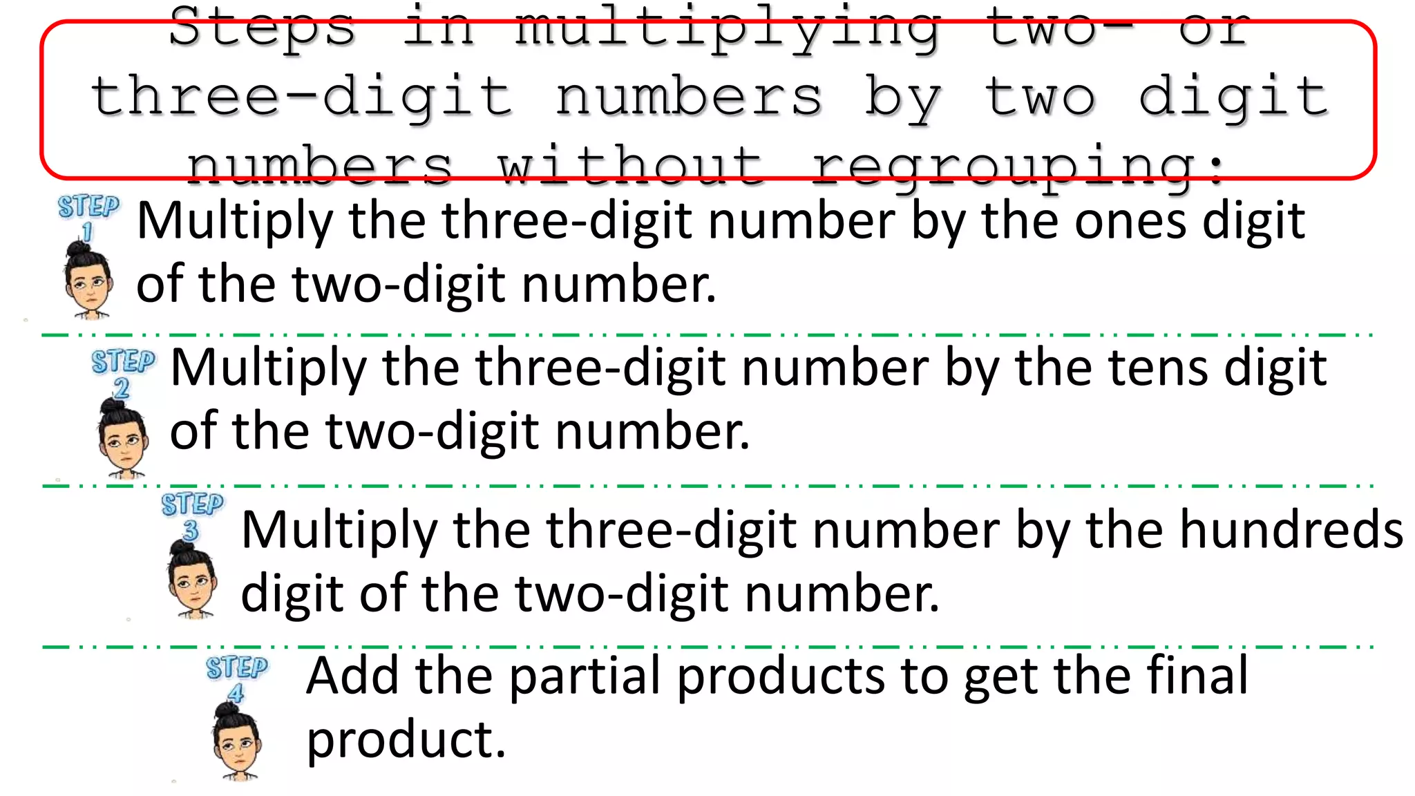 Multiplying 3 by 2 digit Without Regrouping | PPTX