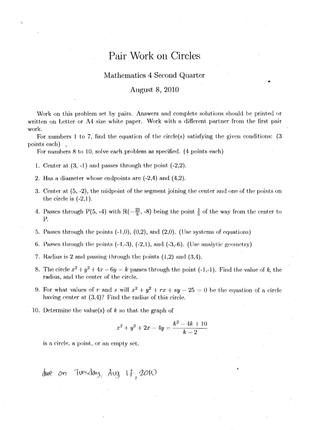 Math 4 pair work on circles | PDF