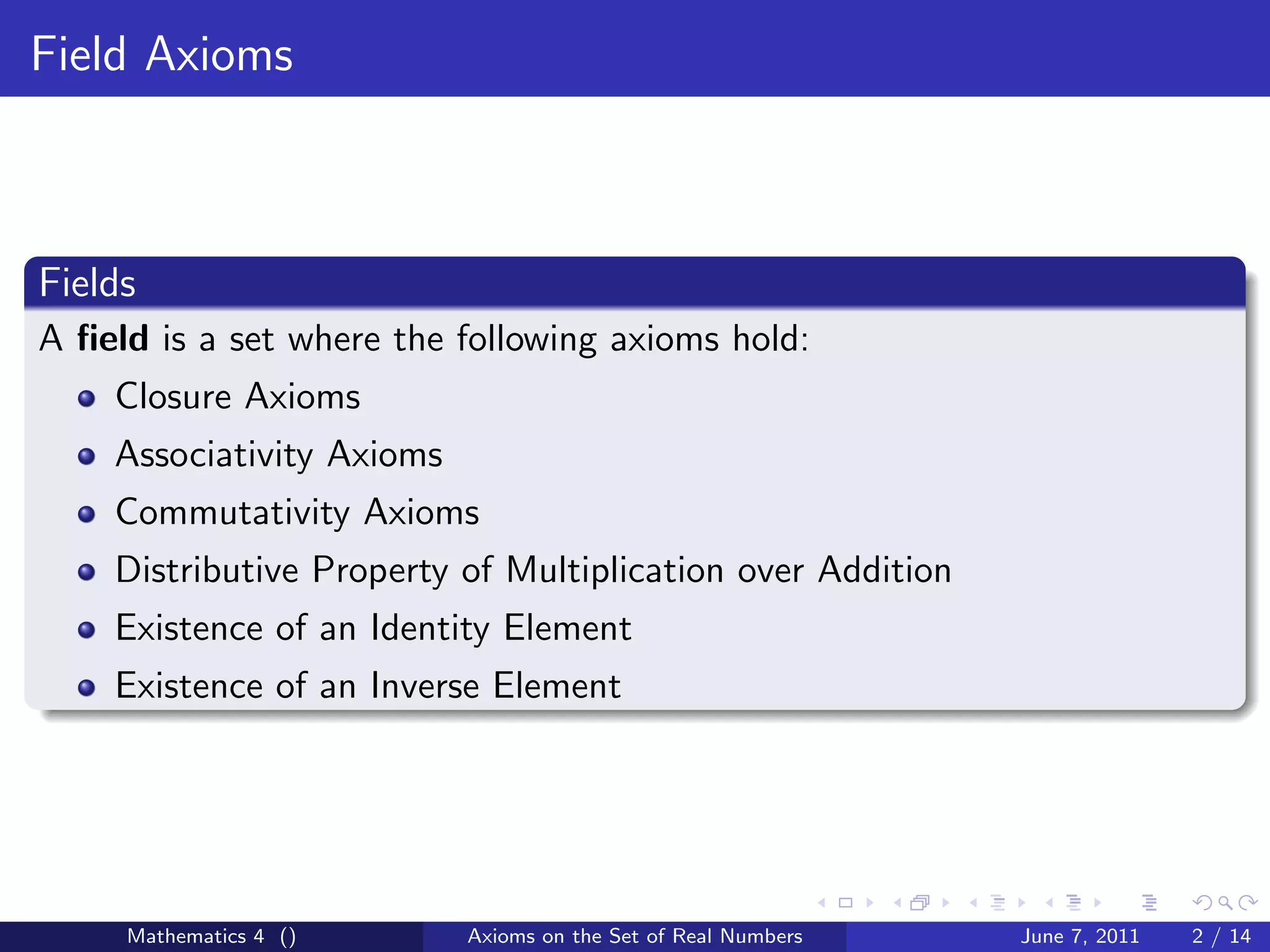 Math 4 axioms on the set of real numbers | PDF