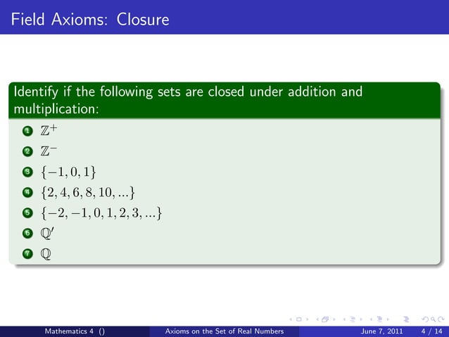 Math 4 axioms on the set of real numbers | PDF